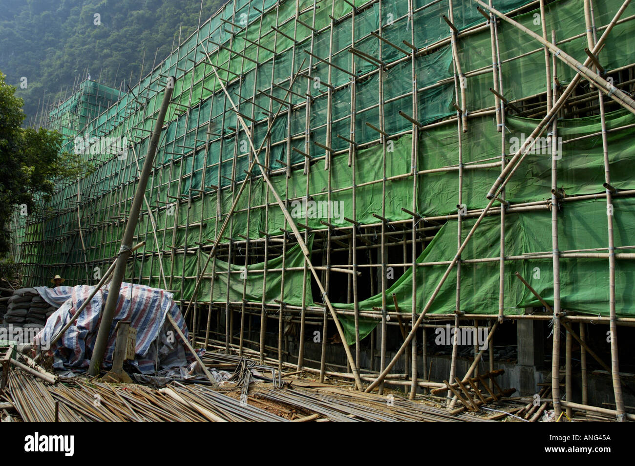 Bamboo scaffolding at a construction site, Yangsuo, Guangxi, China ...