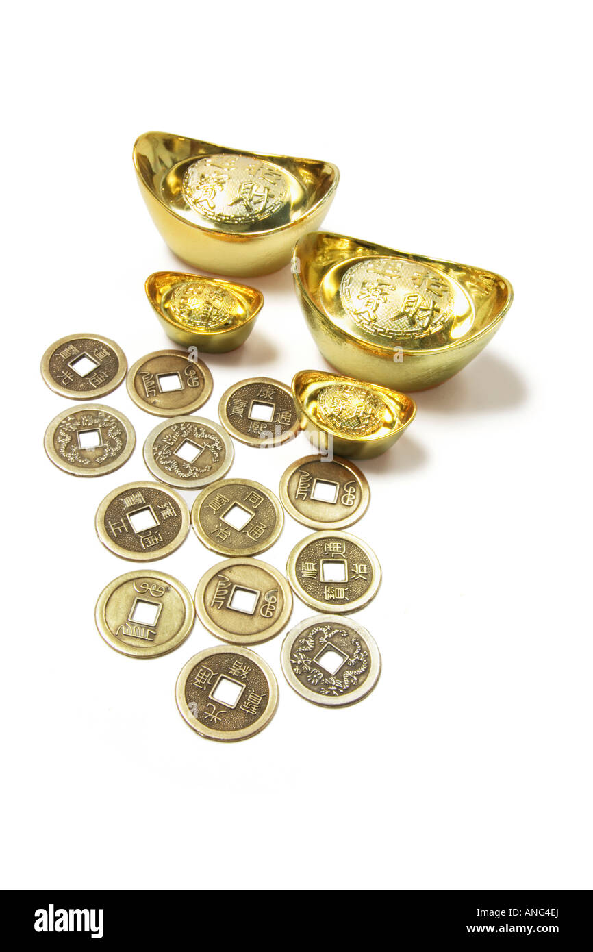 Chinese Ancient Coins and Gold Ingots Stock Photo - Alamy