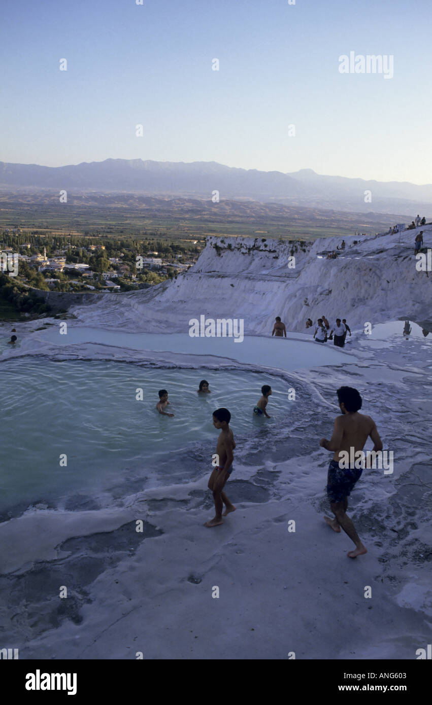Turkey Pamukkale The Cotton Castle People Bathing In The Pools Stock ...