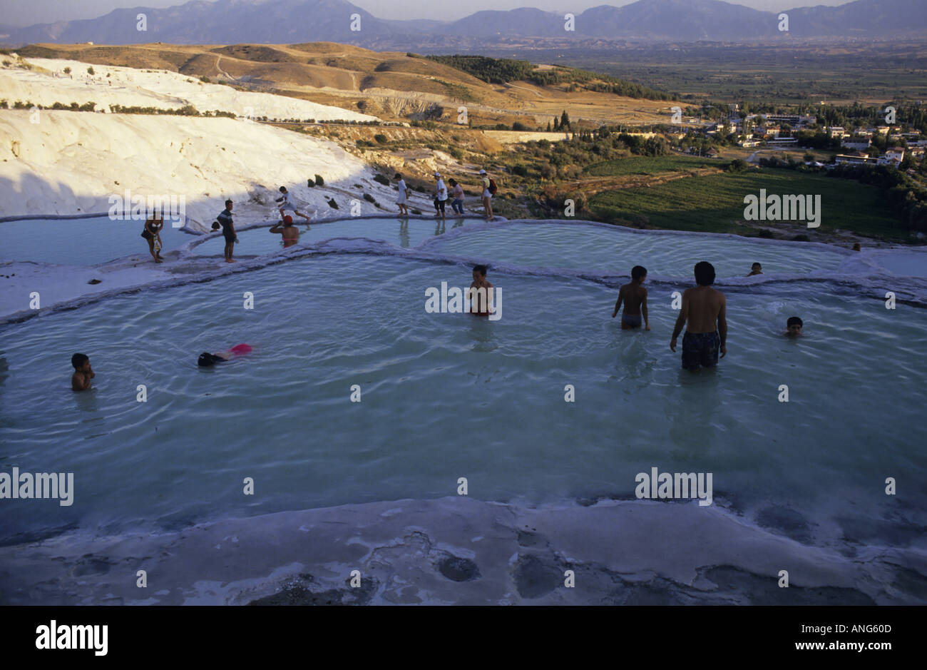 Turkey Pamukkale The Cotton Castle People Bathing In The Pools Stock ...