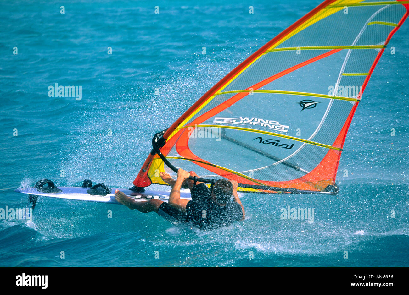 male windsurfer falling off a board on Red Sea Sinai Egypt Stock Photo ...