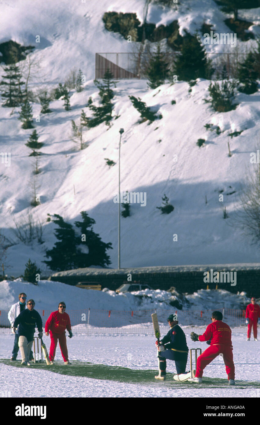Cricket match being played by two English teams on the snow covered ...