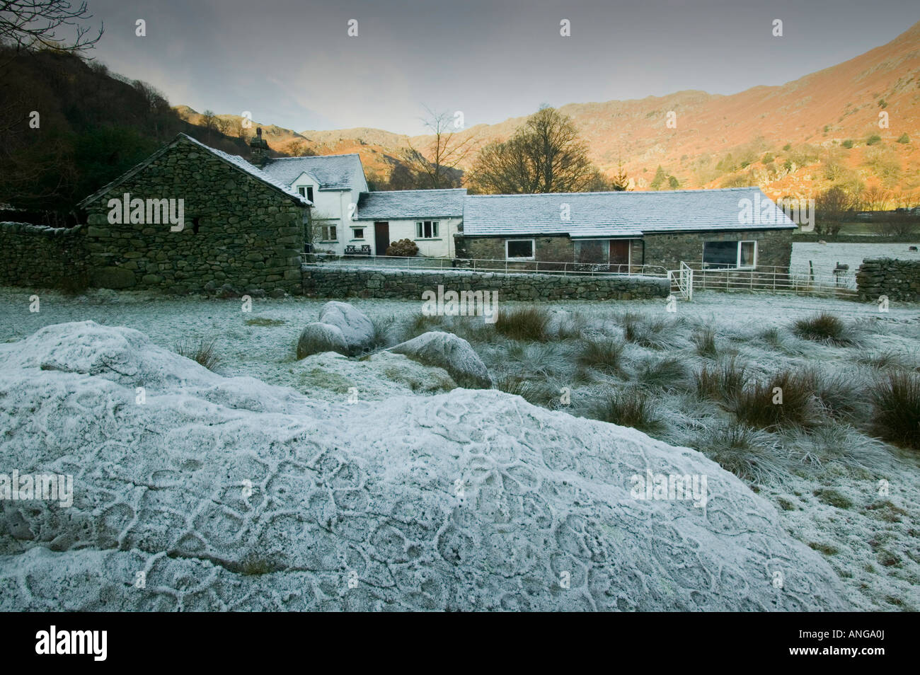 An old farm house in Easedale near Grasmere in wintery frosty ...