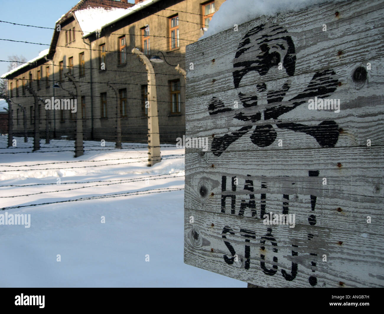 Warning sign in Auschwitz concentration camp Stock Photo - Alamy