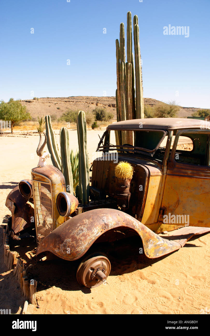 Rusty relic with cactus in Namib desert in southern Namibia Stock Photo ...
