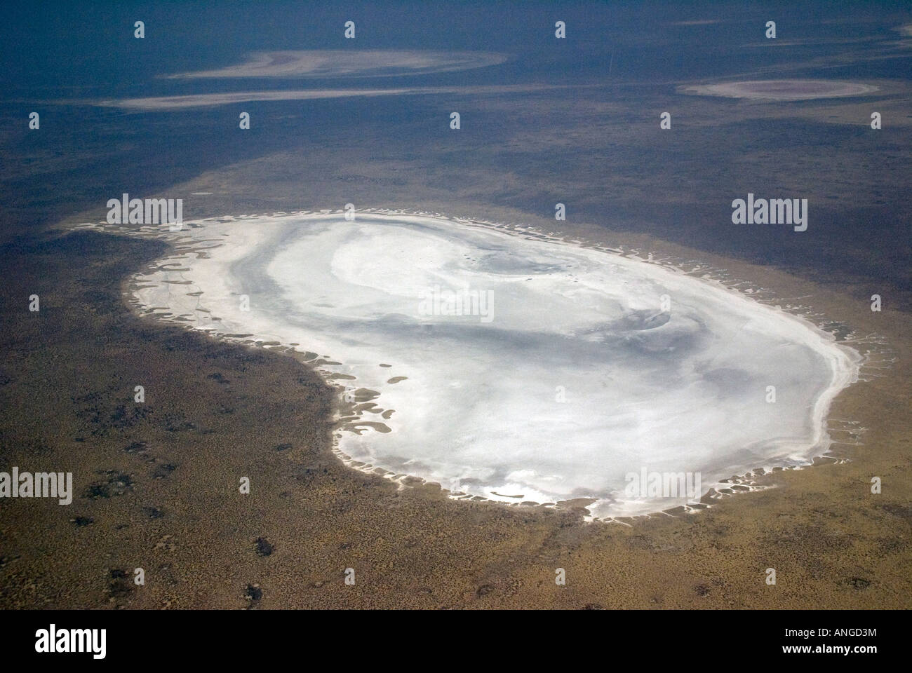 Aerial view of smaller salt pan near the Etosha Pan in the Etosha ...
