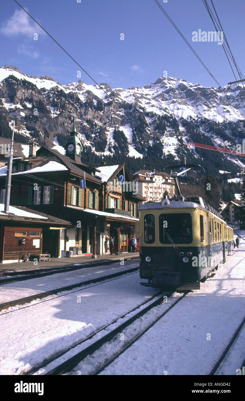 alpine train standing at Wengen train station Switzerland Stock Photo ...