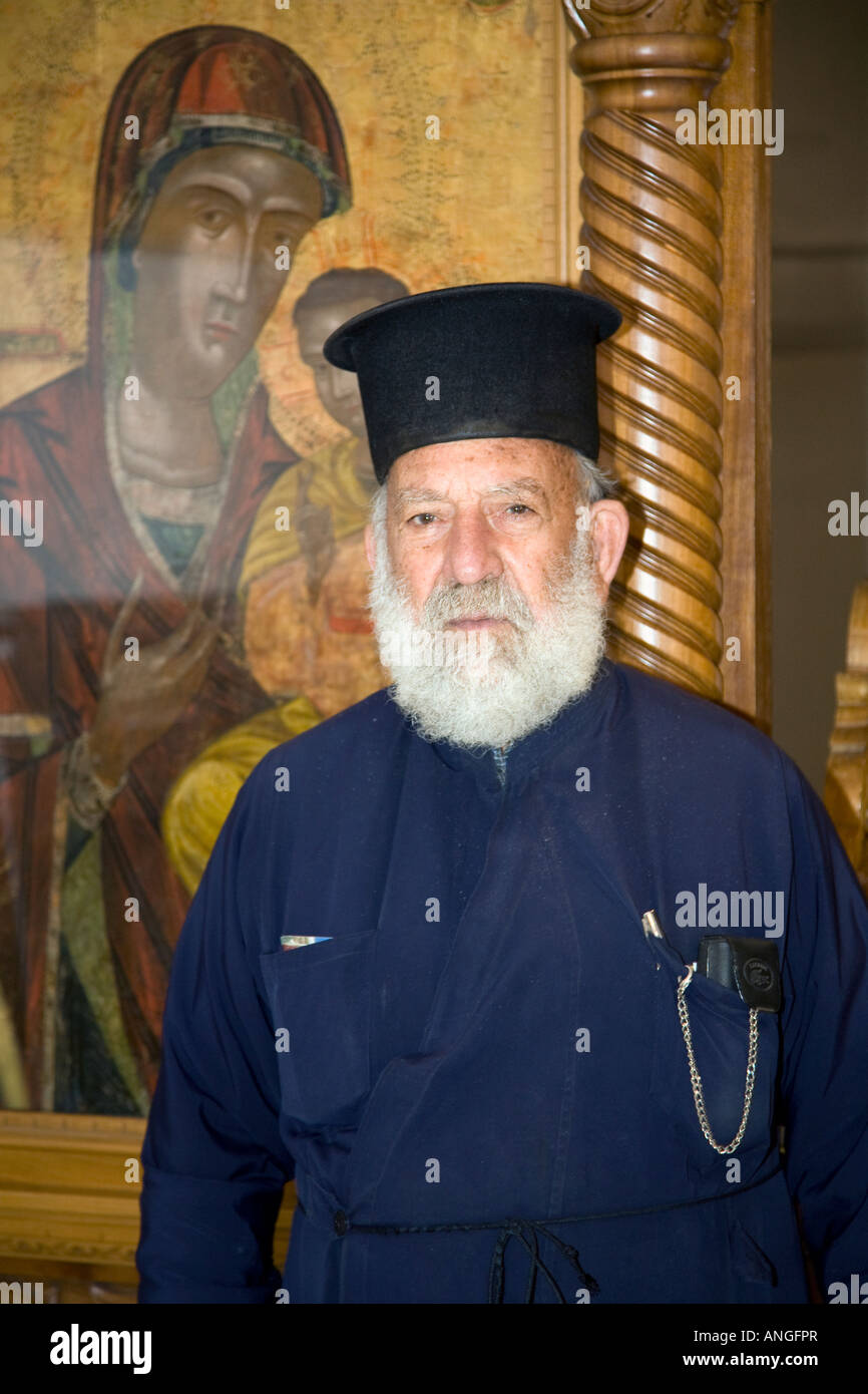 Portrait Bearded Old man and religious mural Greek Orthodox Cypriot ...