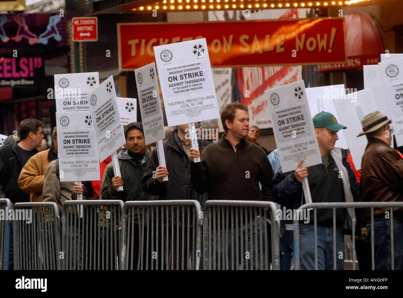 Stagehands walk the picket line in front of the St James Theater Stock ...