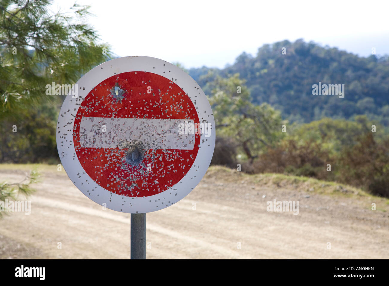 Cypriot No Entry road sign used as target practice by local bird ...