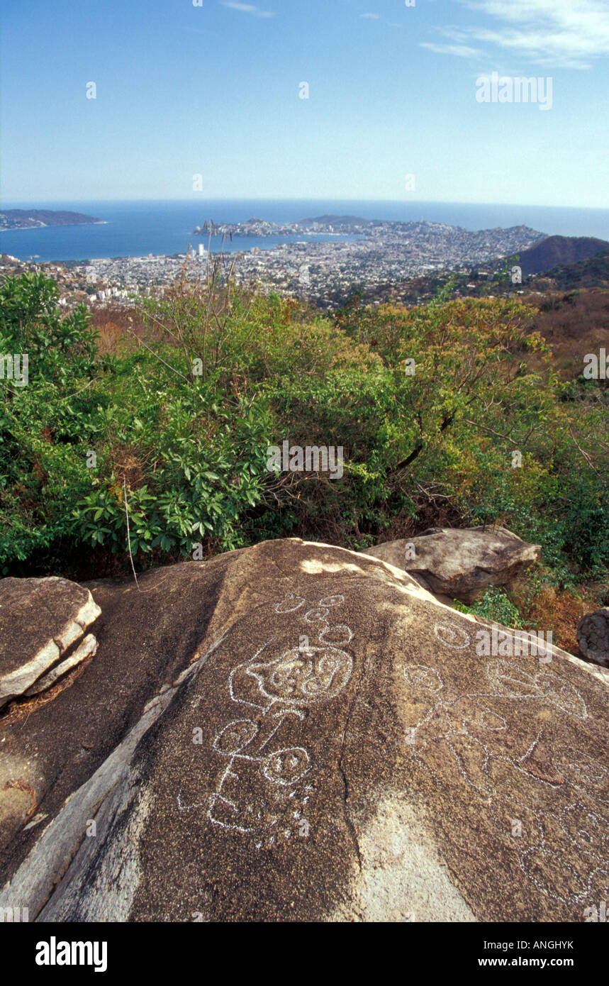 Pre-Columbian petroglyphs with the city of Acapulco and Acapulco Bay in ...