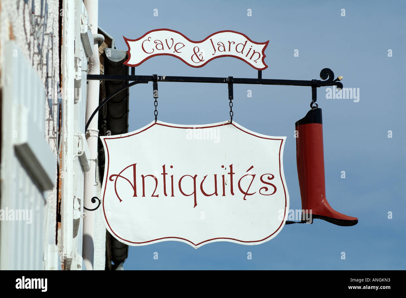 Antiques shop hanging sign in Hautvillers in the Champagne region of ...