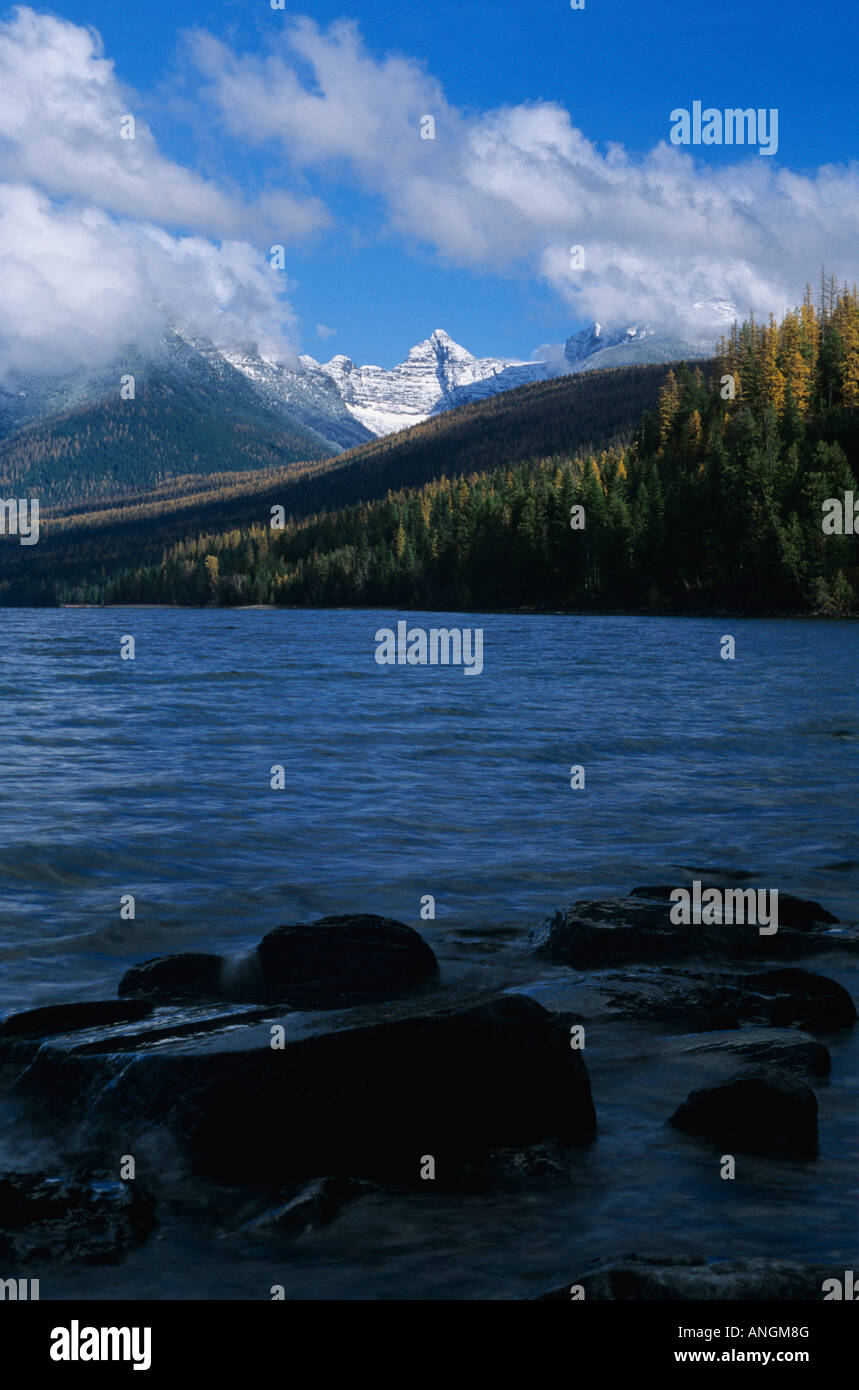 Lake McDonald and snowy Peaks in fall, Glacier National Park, Montana ...