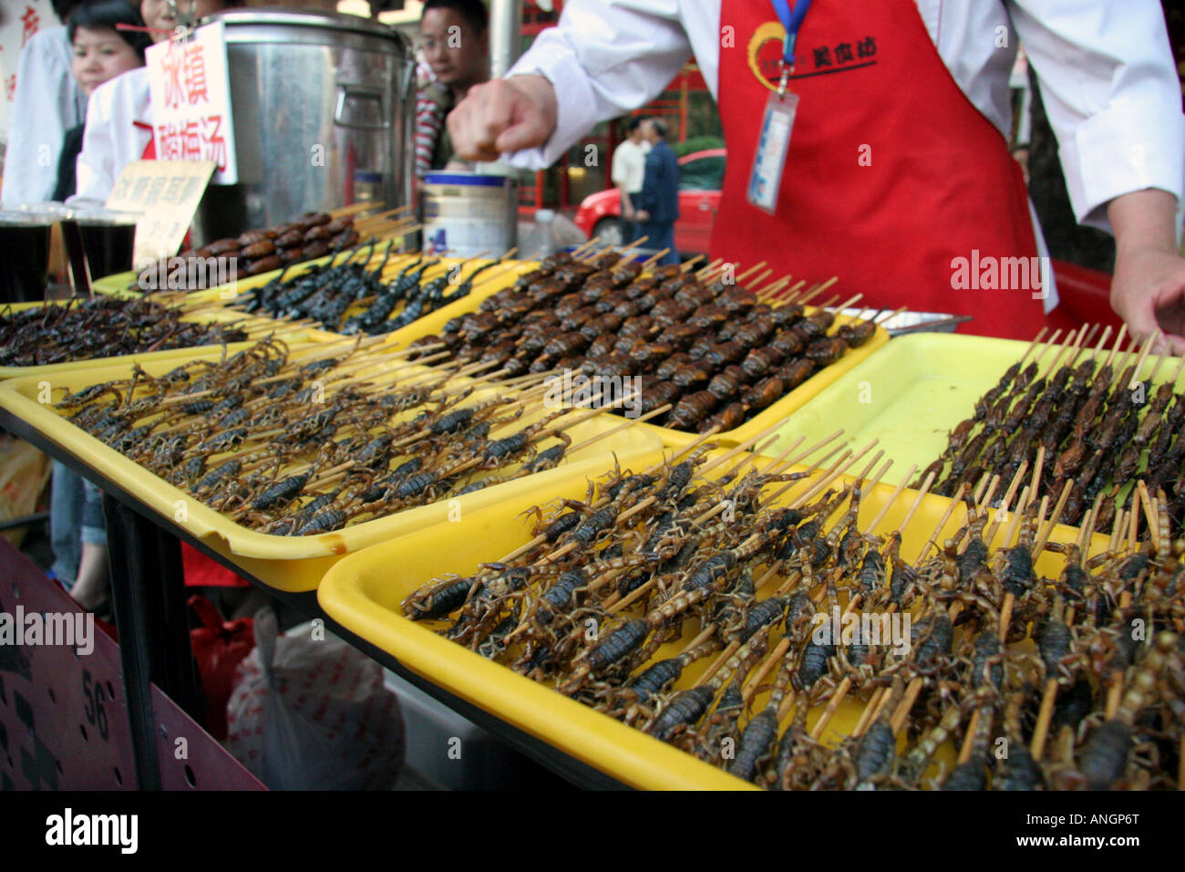 Insects and scorpions on sticks at a night food market in Beijing China ...