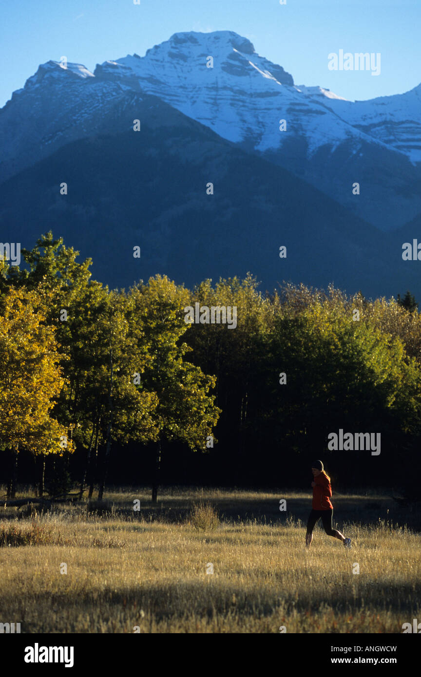 A young woman enjoying a fall trail run in Banff National Park, Rocky ...