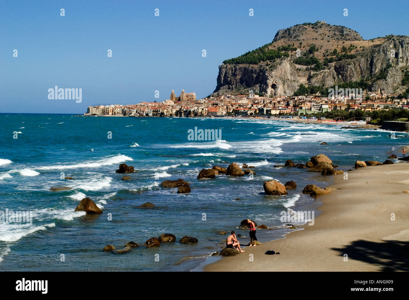 Cefalu Beach Sicily Italy Sea Coast Sunbathing Swimming Stock Photo - Alamy
