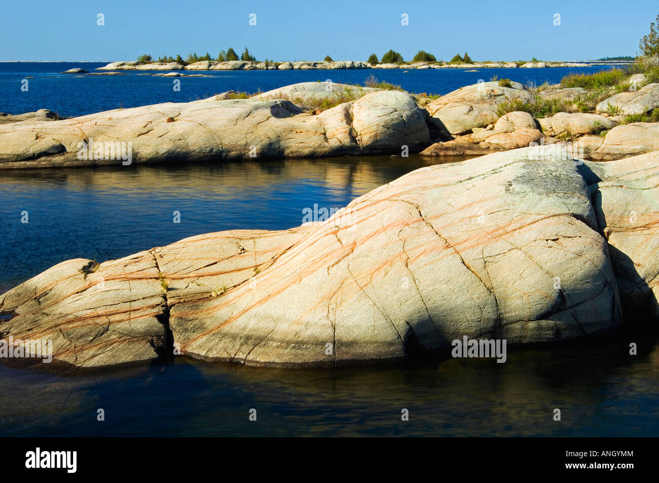 Precambrian shield rock on island along shoreline of georgian bay hi ...
