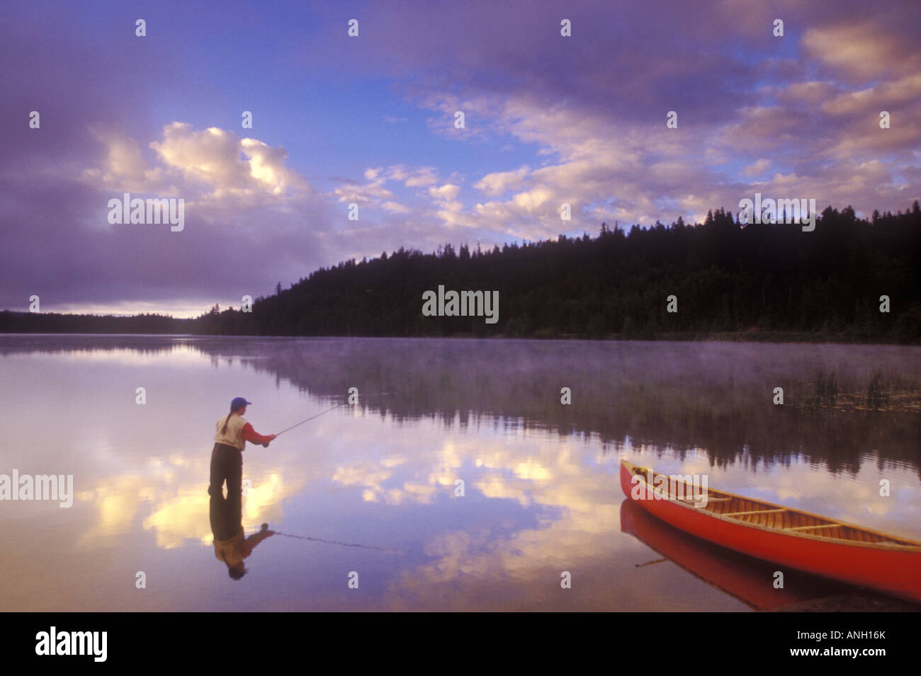 Fly-fishing at dawn on 108 Mile Lake, British Columbia, Canada Stock ...