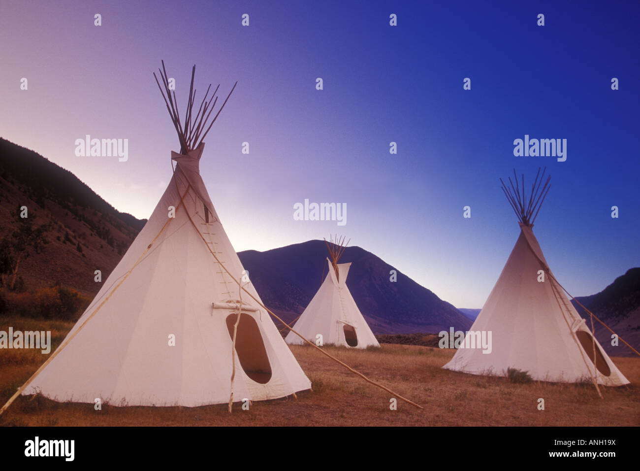 First Nations tee-pee village above the Fraser River, British Columbia ...