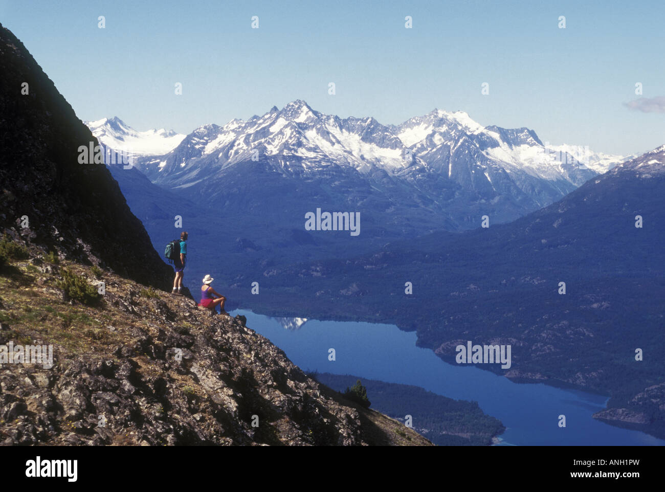 hikers over Tatlayoko Lake, Chilcotin region, British Columbia, Canada ...