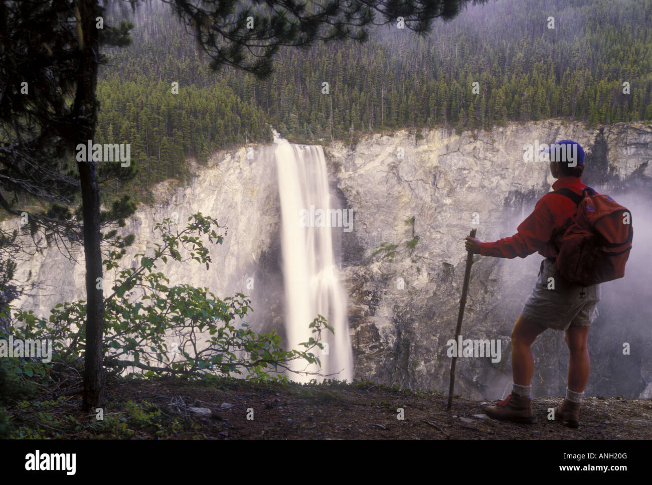 Hiker at Hunlen Falls, Tweedsmuir Park, Turner Lake Trail, British ...