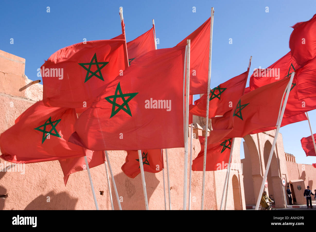 Moroccan flags flying by the city walls, Marrakesh, Morocco Stock Photo ...