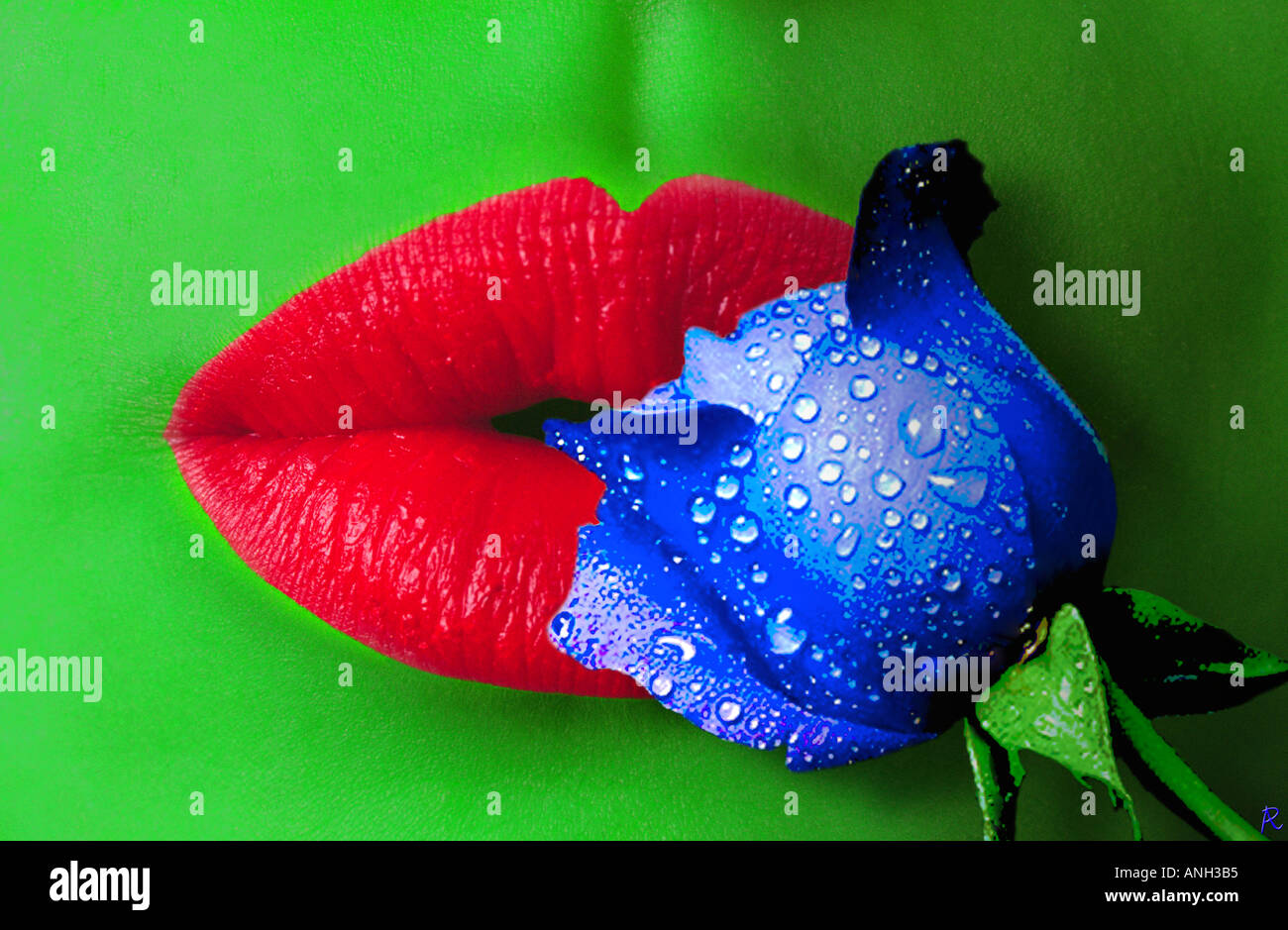 Hot lips, red lips on a green face with a blue rose Stock Photo - Alamy