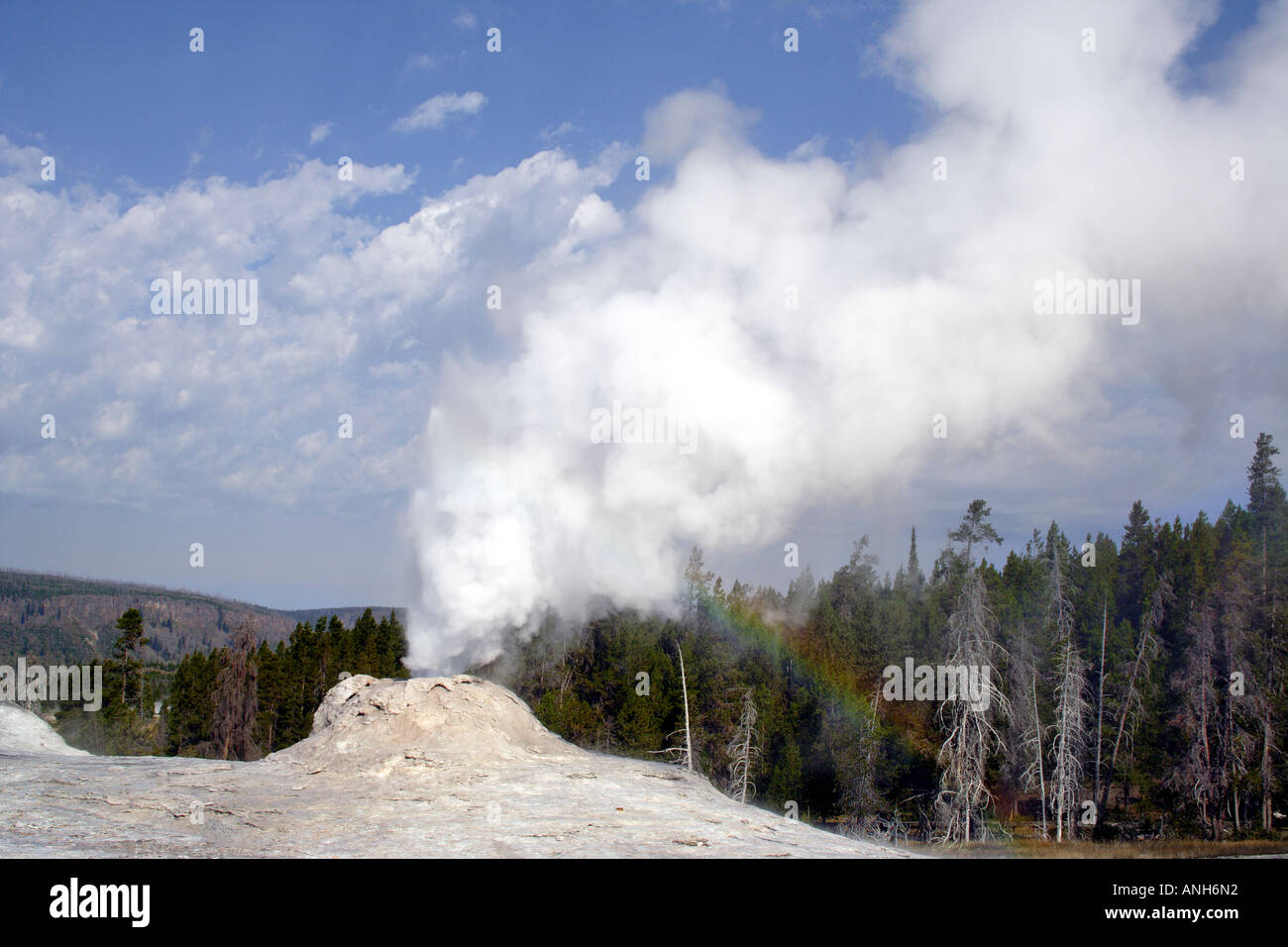 Castle Geyser with Rainbow, Yellowstone National Park, USA Stock Photo ...