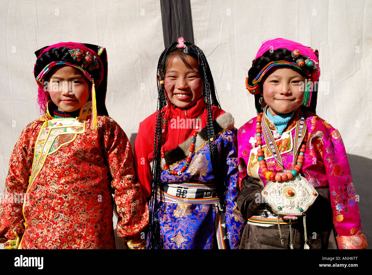 Tibetan wedding party three girl have traditional Tibetan clothes Stock ...
