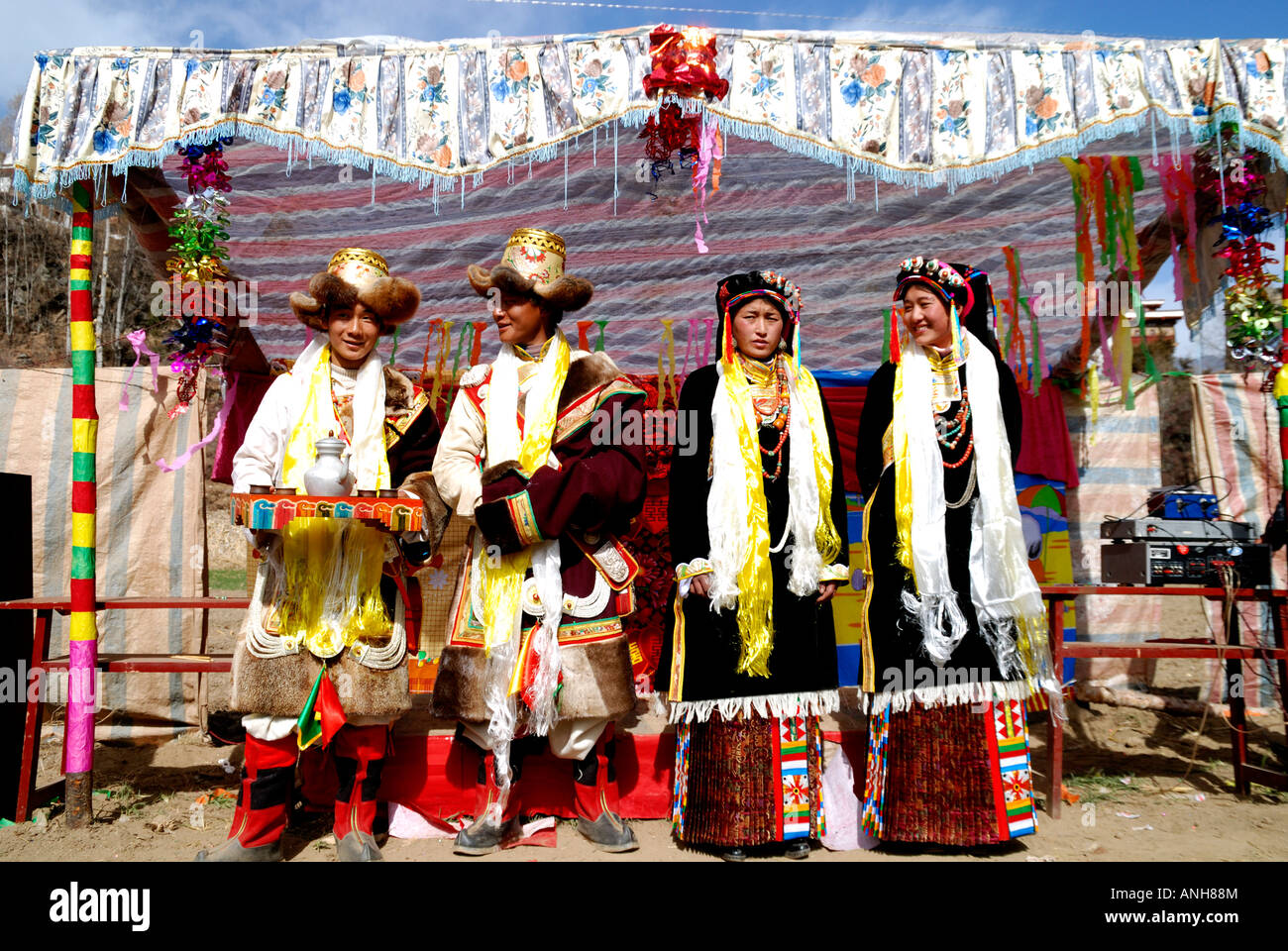 Tibetan wedding party,bride and groom,groomsman and a matron of homour ...