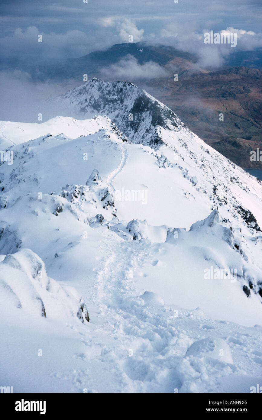Crib Goch Snowdon mountain ridge path from Crib Y Ddysgl with ...