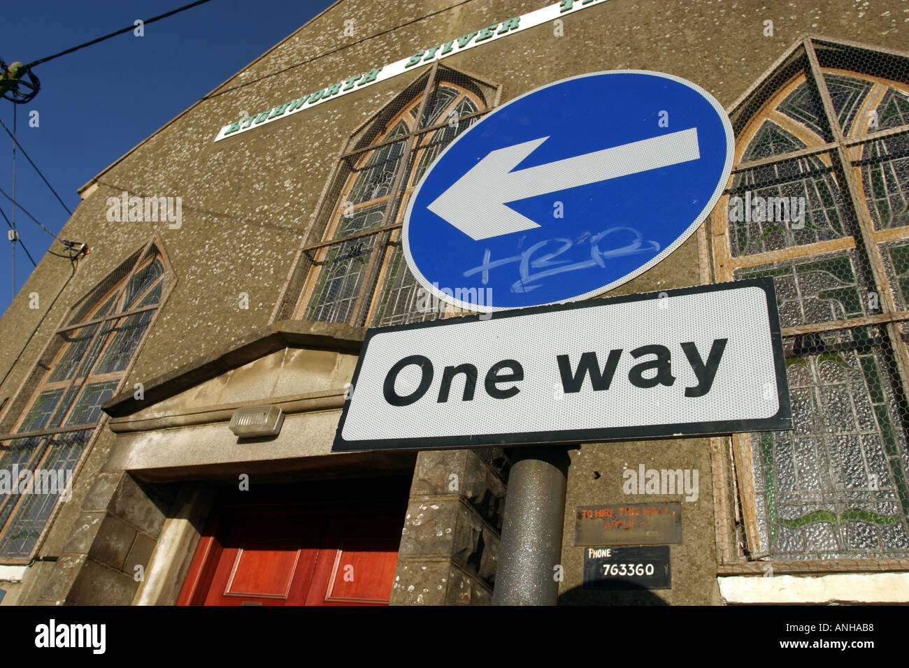 A road sign outside a church indicating the one way to God Stock Photo ...