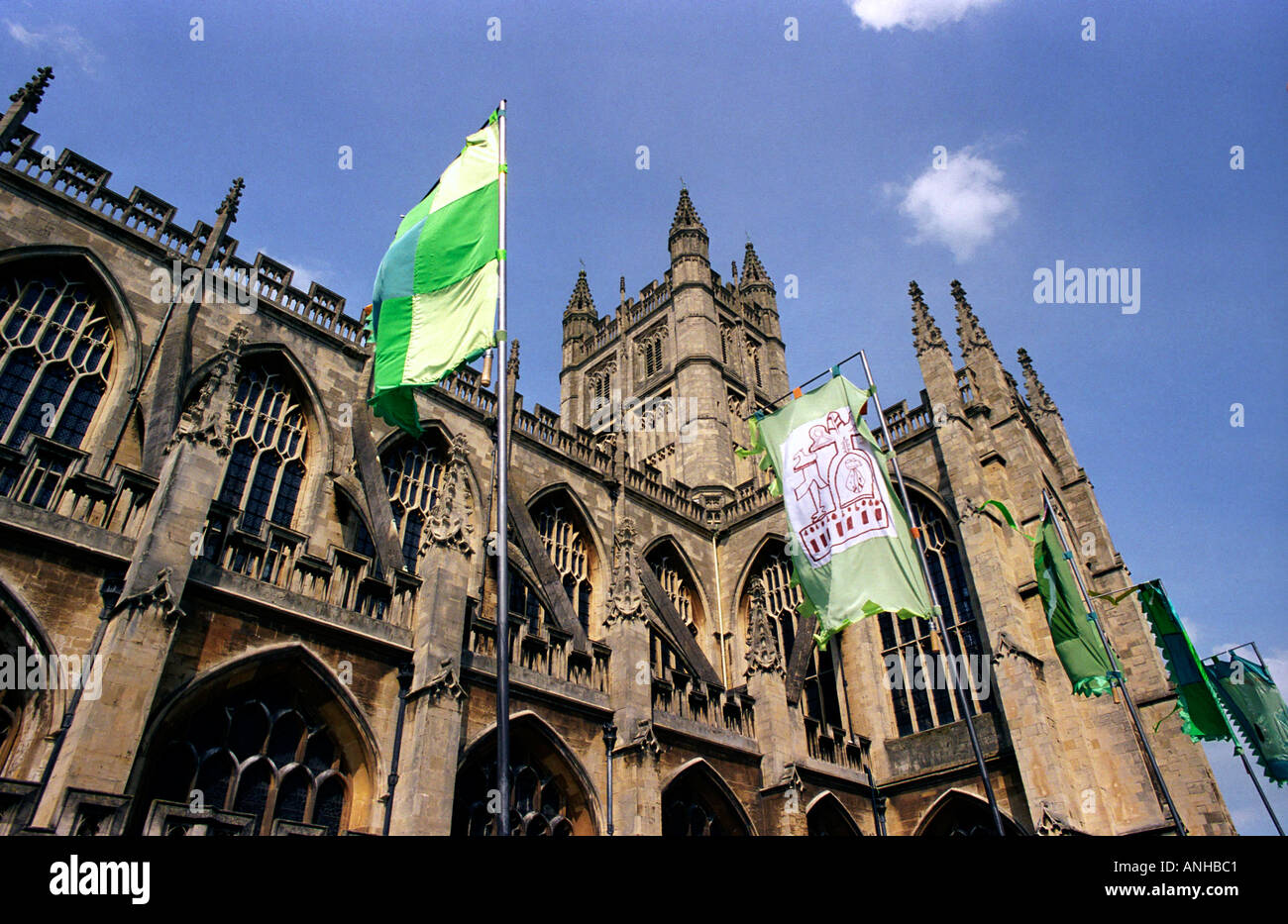 Bath Abbey decorated with brightly coloured flags during the Bath ...