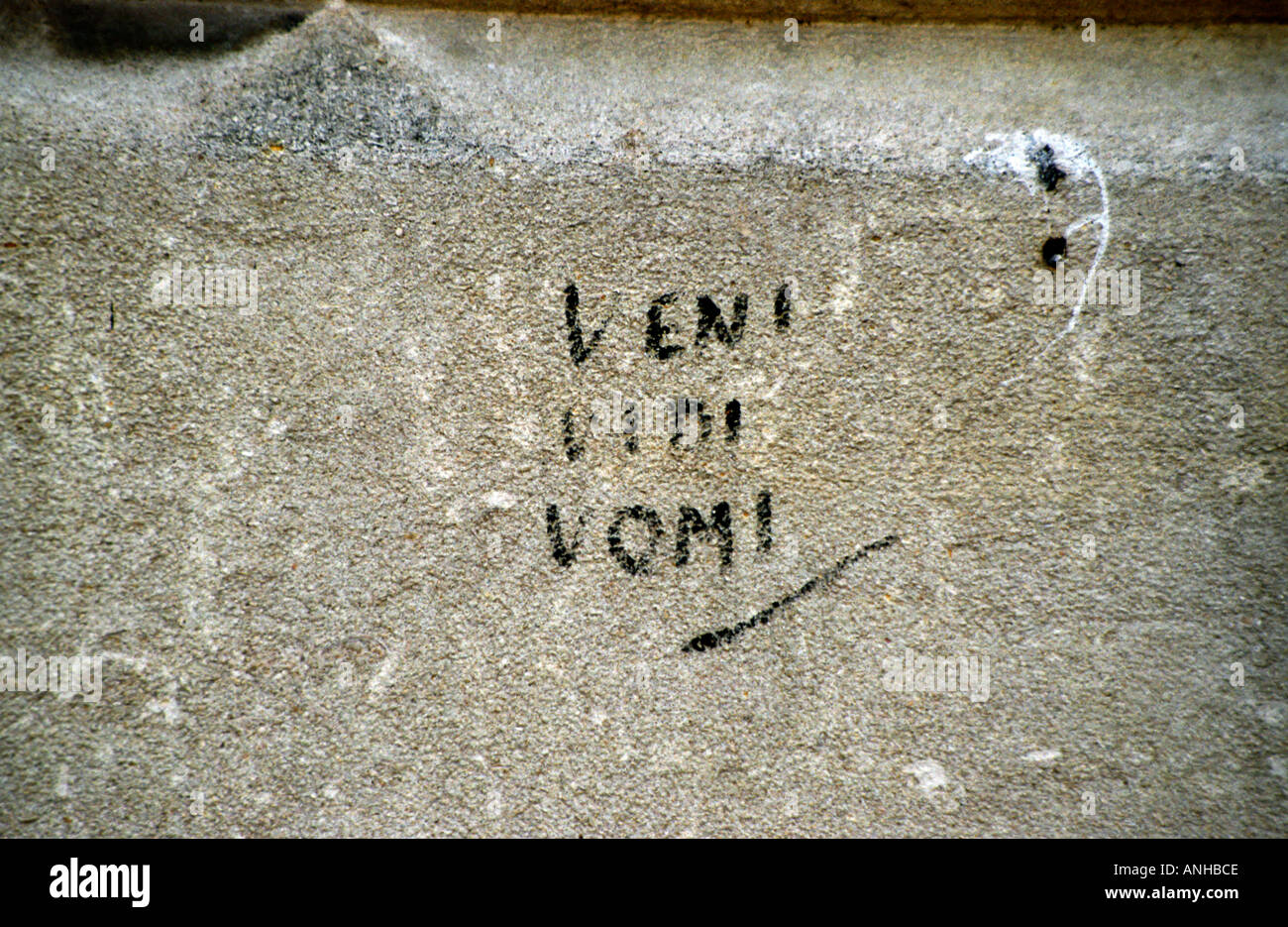 Latin graffiti motto on a limestone wall I came I saw I vomitted Stock ...