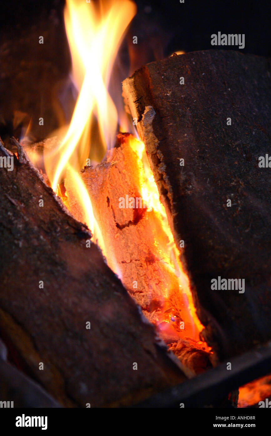 Flames on wooden log fire Stock Photo - Alamy