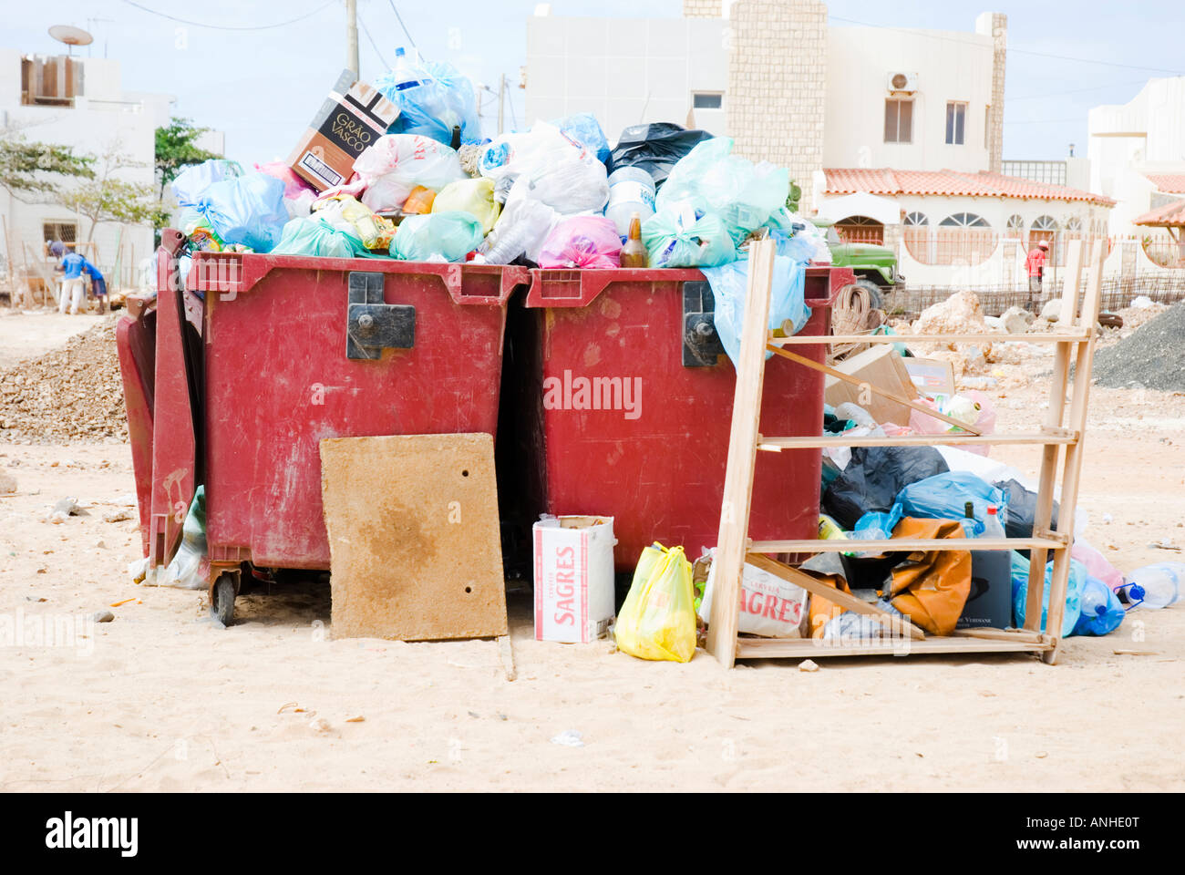 A colour landscape image of rubbish bins and waste in Santa Maria,Sal ...