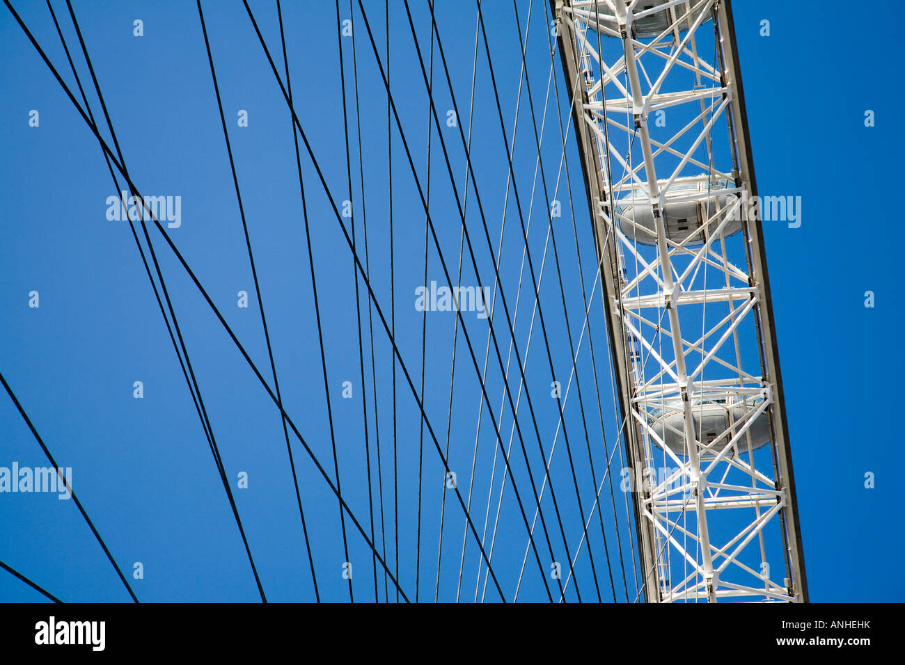 A portion of the London Eye showing the spokes and pods connected to ...