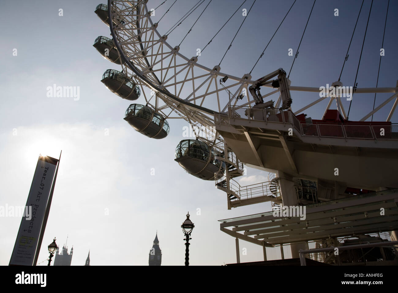 A portion of the London Eye showing the observation pods approaching ...