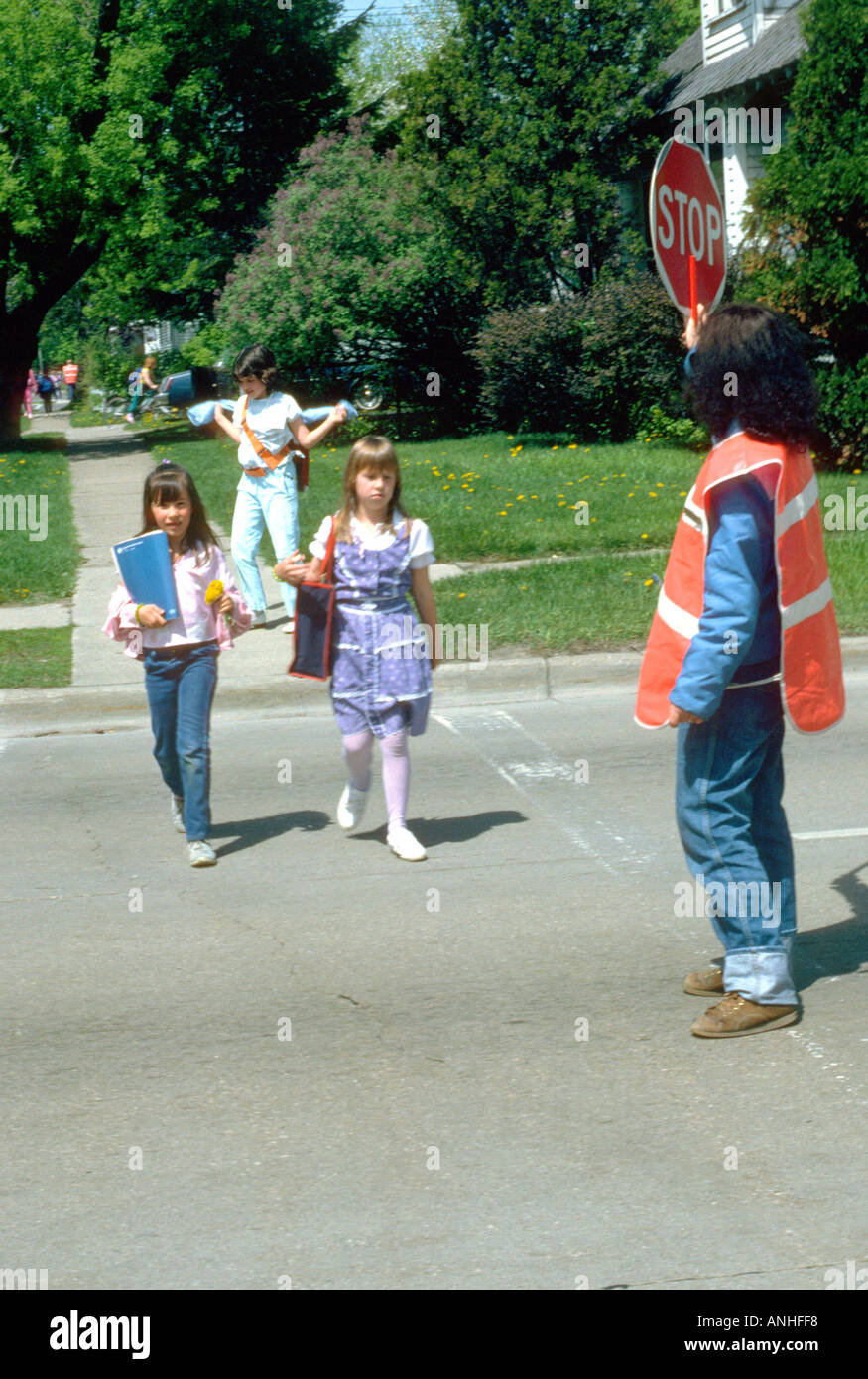 Female crossing guard helps elementary students to cross busy street by ...