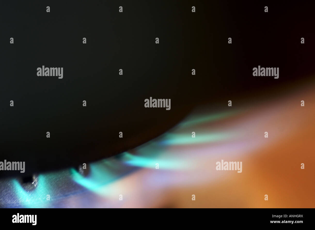Close up view of blue flame from a home gas burner. Kitchen oven ...