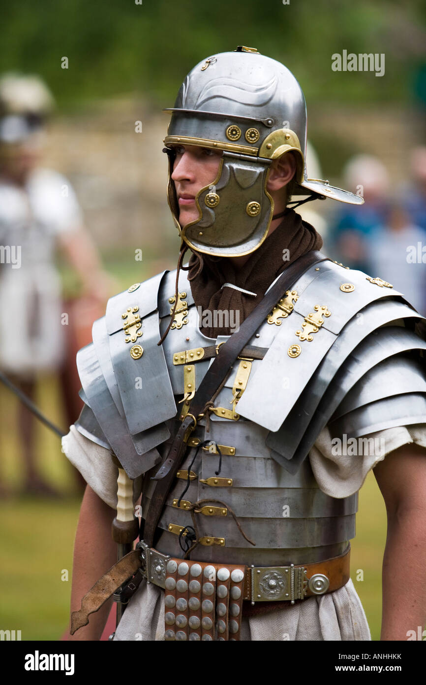 Man dressed as a Roman soldier, Chedworth Villa, Gloucestershire, UK ...