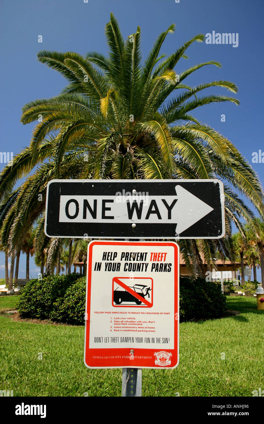 One Way and Theft Prevention sign in Sand Key Park Clearwater Florida ...
