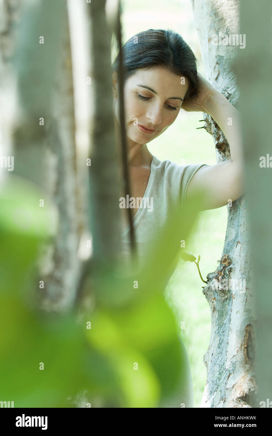 Woman Leaning Against Tree Trunk Looking Down View Through Foliage