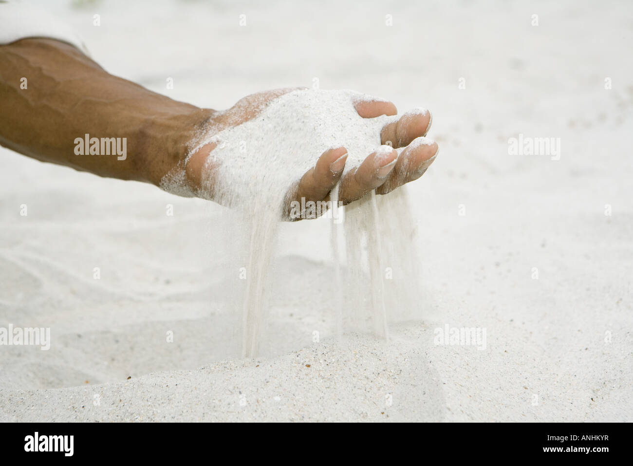 Man holding handful of sand, cropped view of hand Stock Photo - Alamy