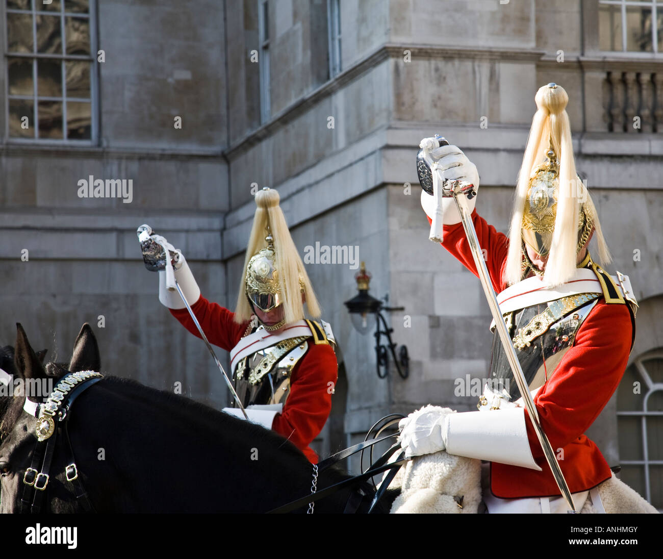 Two Life Guard troopers of the Household Cavalry Regiment place their ...