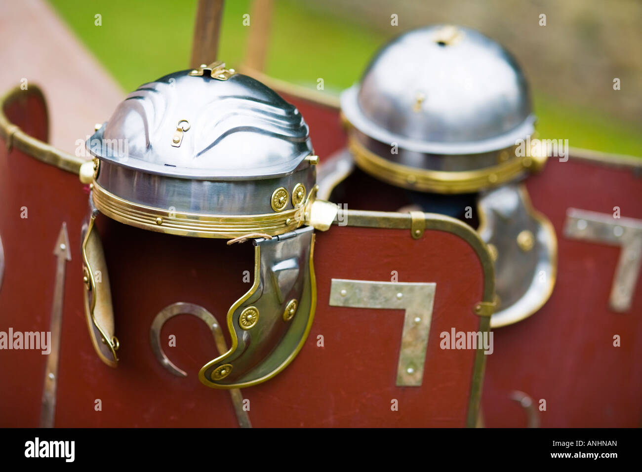 Replica Roman armour and shields, Chedworth Villa, Gloucestershire, UK ...
