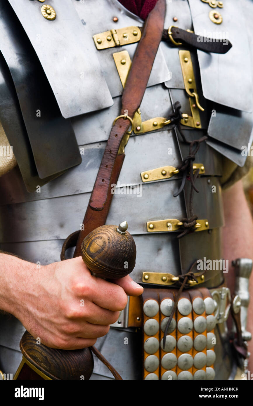 A reenactor dressed as a Roman Soldier, Chedworth, Gloucestershire, UK ...