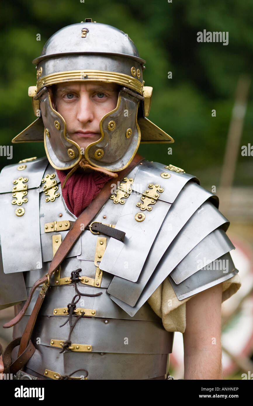 A reenactor dressed as a Roman Soldier, Chedworth, Gloucestershire, UK ...