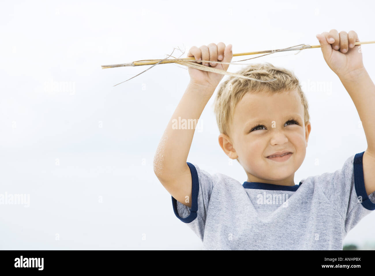 Young boy holding up stick, arms raised, smiling Stock Photo - Alamy