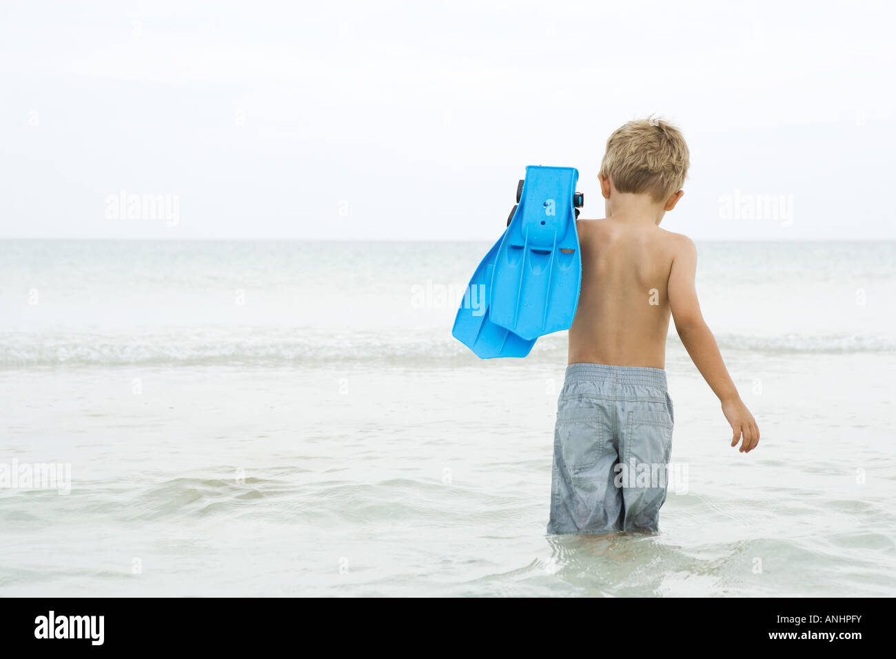 Young boy wading in ocean, carrying flippers, rear view Stock Photo - Alamy